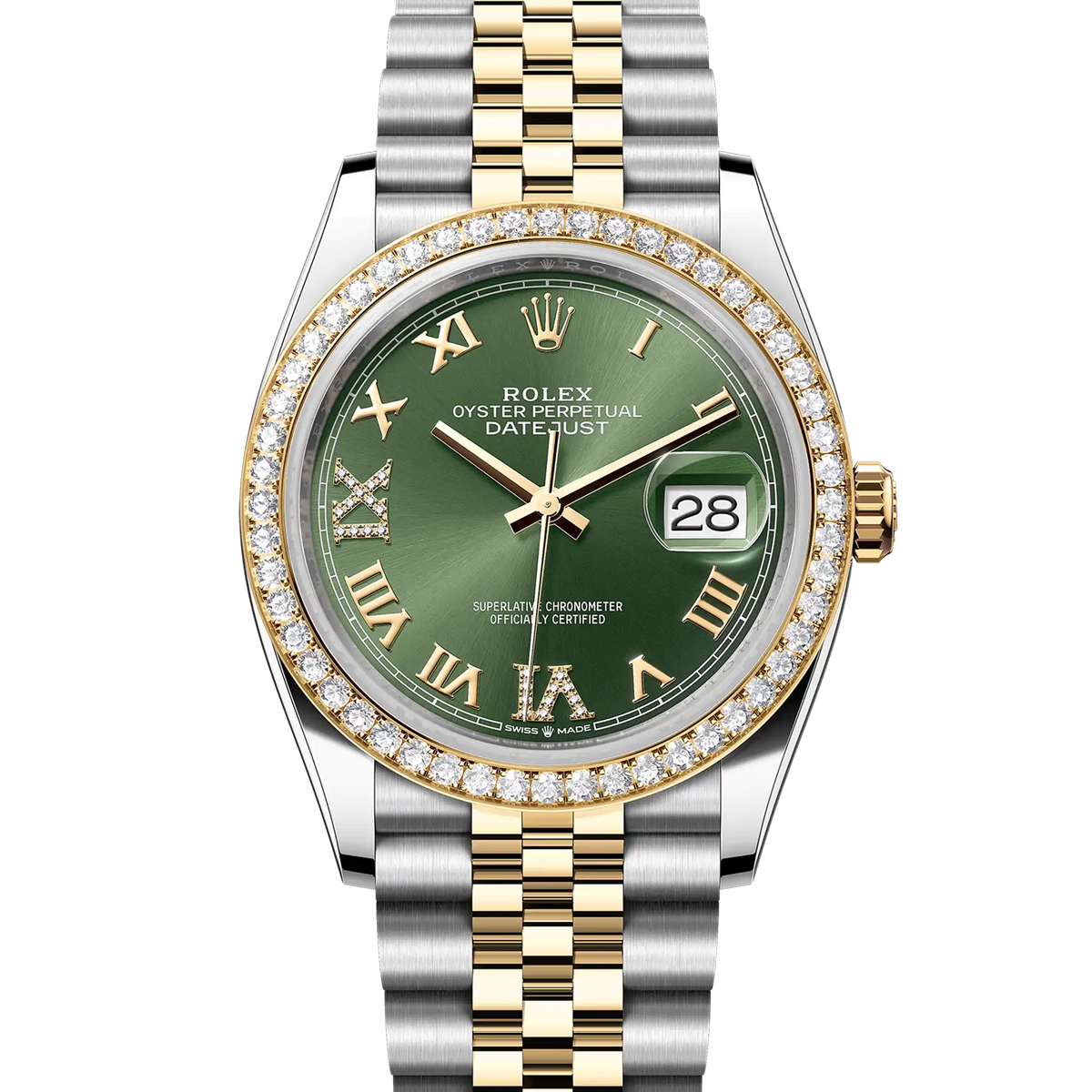 Rolex Datejust 36 Green Roman Diamond Oystersteel Yellow Gold Jubilee ...