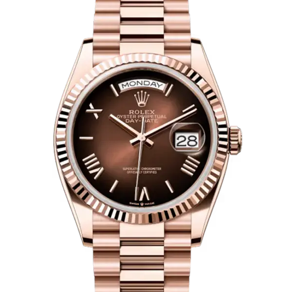 Rolex Day-Date 36 Brown Ombre Roman Rose Gold 128235 – Tiger River Watches