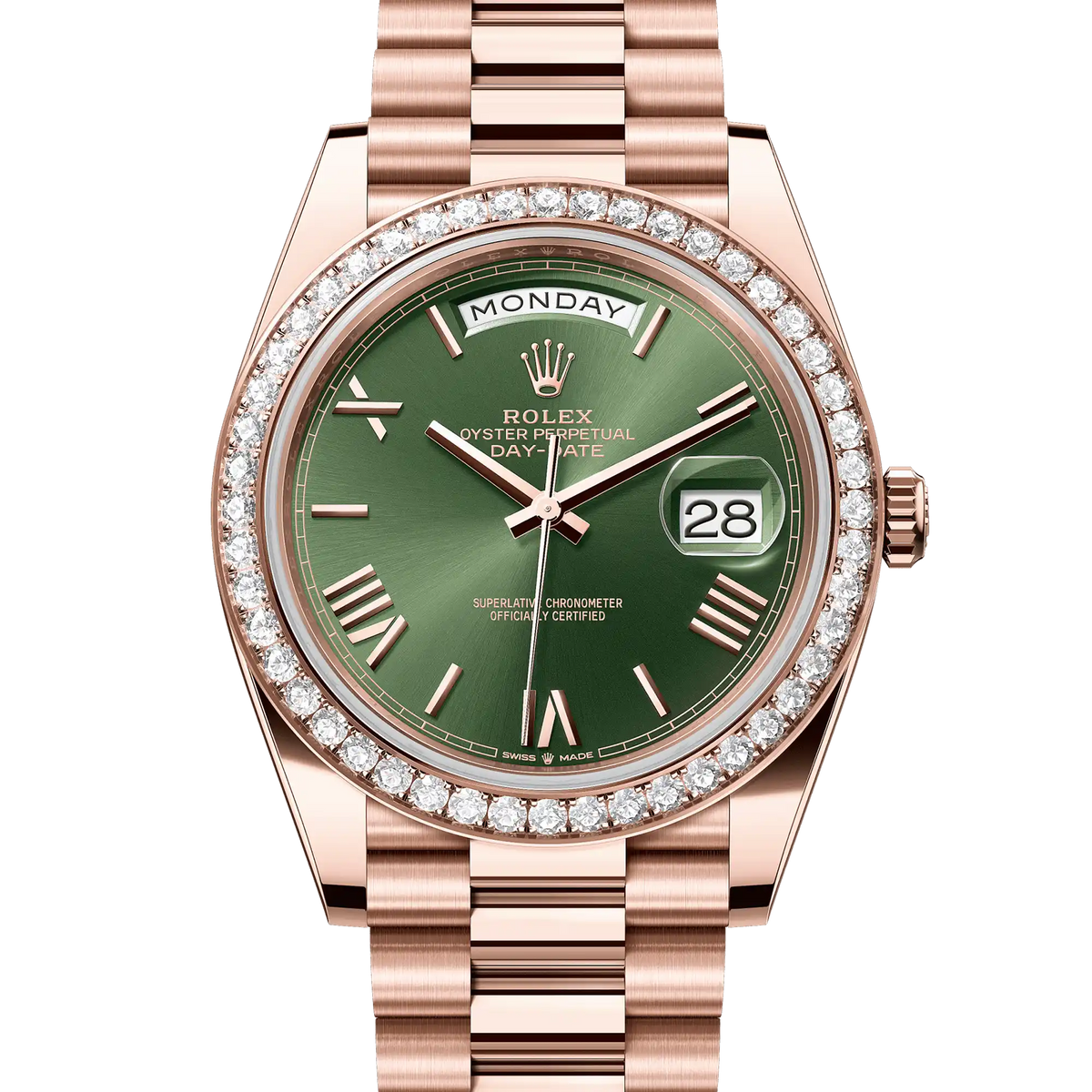 Rolex Day-Date 40 Olive Green Roman Rose Gold 228345 – Tiger River Watches